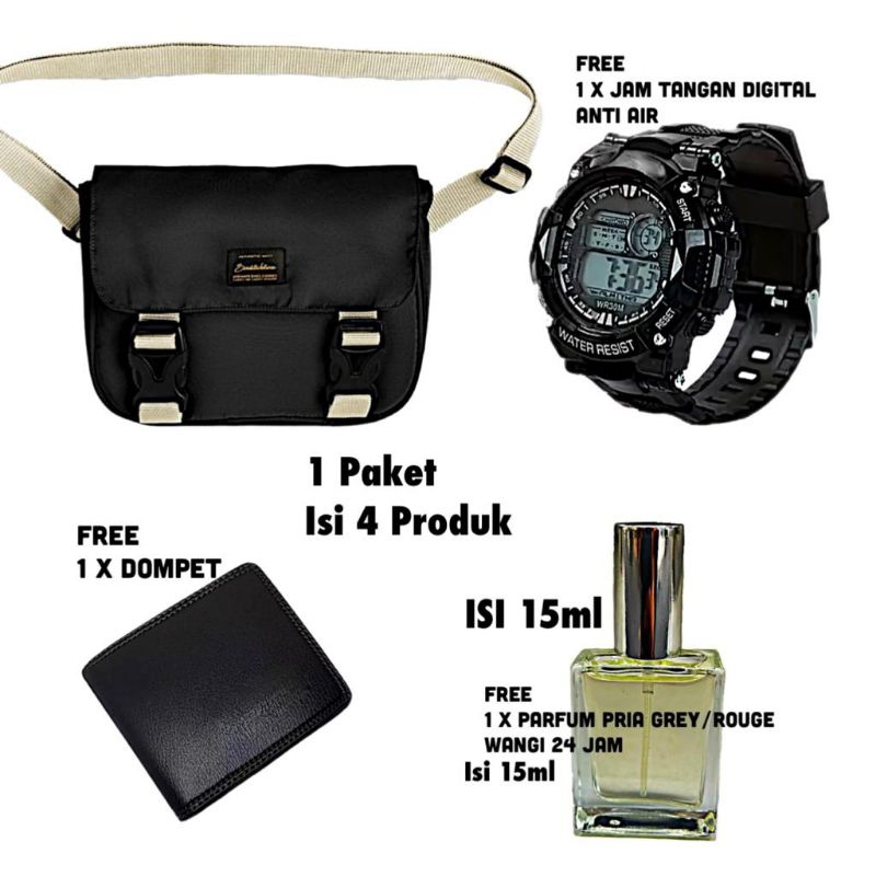 Jual Tas Selempang 1 Paket isi 4 Produk, Tas Slepmpang pria + Jam ...