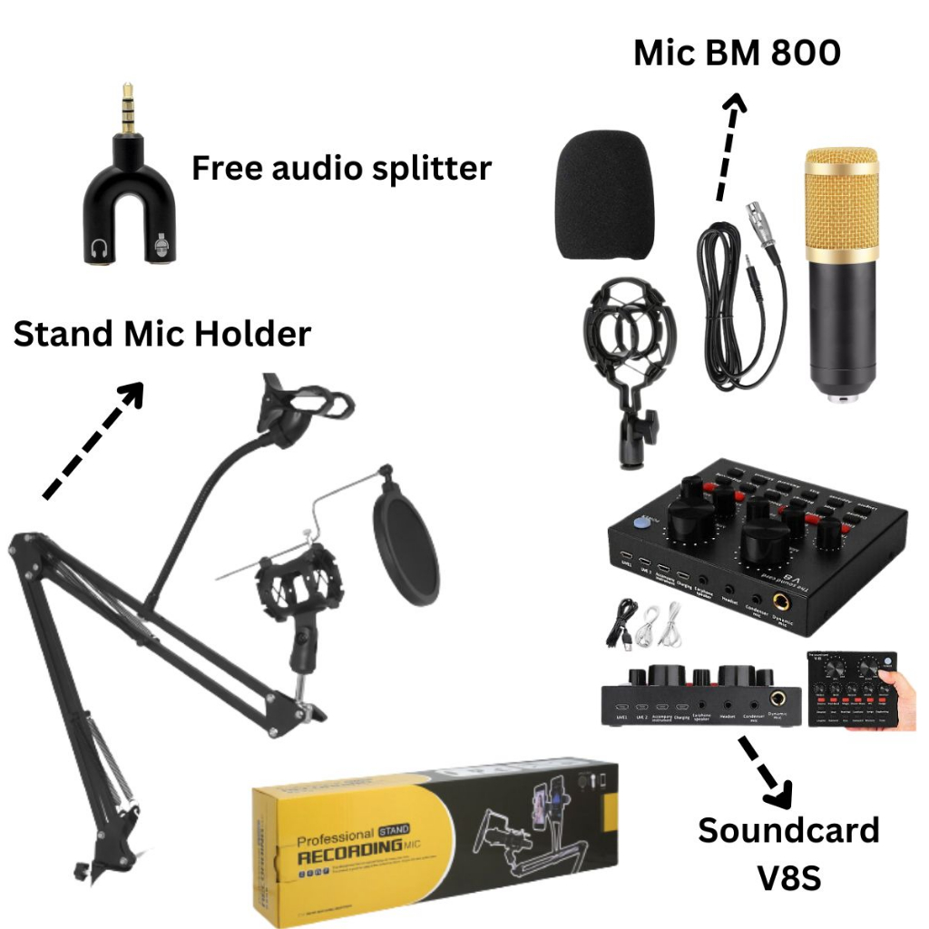 Jual Promo Super Lengkap Mic Condenser BM800 + Stand + Pop Filter + Soundcard V8S V8S+ Bluetooth ...