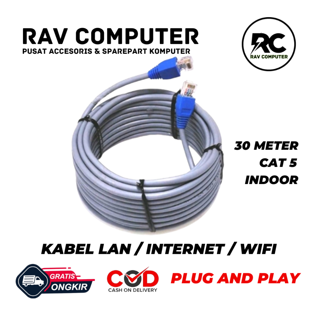Jual KABEL LAN CAT 5 30 Meter + PLUGBOT + RJ45 SIAP PAKAI | Shopee Indonesia