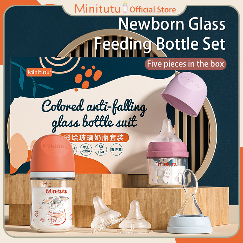 Jual Minitutu Gift Box Botol Susu Kaca untuk Bayi dengan Dot Ukuran M + S dan Sponn Pasta Beras ...