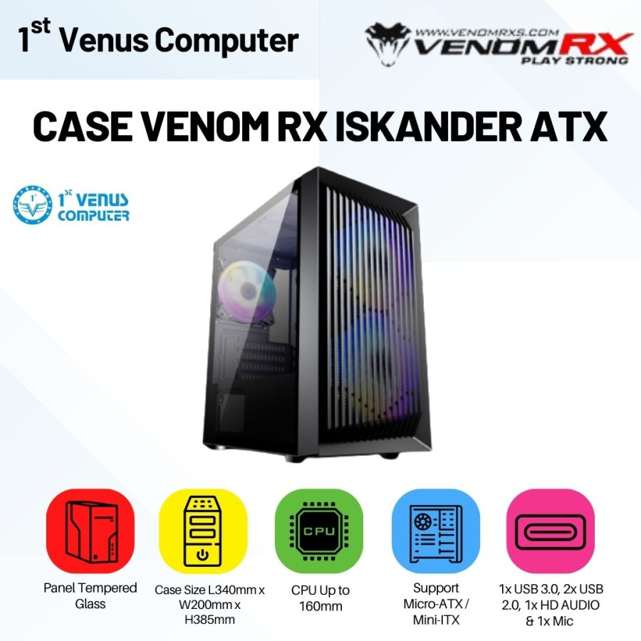 Jual CASING PC VENOM RX ISKANDER CASE ATX+2 FAN RGB TEMPERED / CASE21 ...