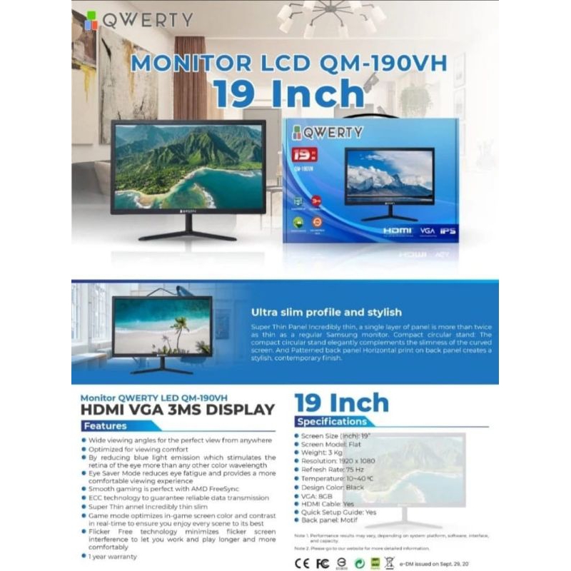 Jual MONITOR QWERTY LED QN-19VH 19 INCH LCD HDMI VGA 3MS DISPLAY IPS ...