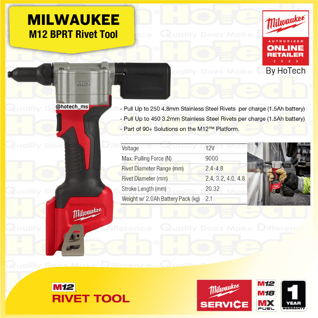 Jual MILWAUKEE M12 M12 BPRT | Rivet Tool | Mesin Rivet Mur (unit only ...