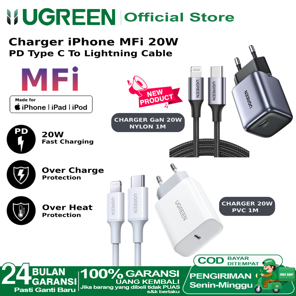 Jual UGREEN Charger iPhone Lightning MFI PD Type C Fast Charging 20w | Shopee Indonesia