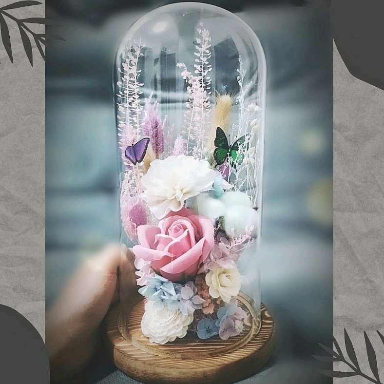 Jual ready flower glass dome, dried flower, bunga mawar, bunga kapas ...