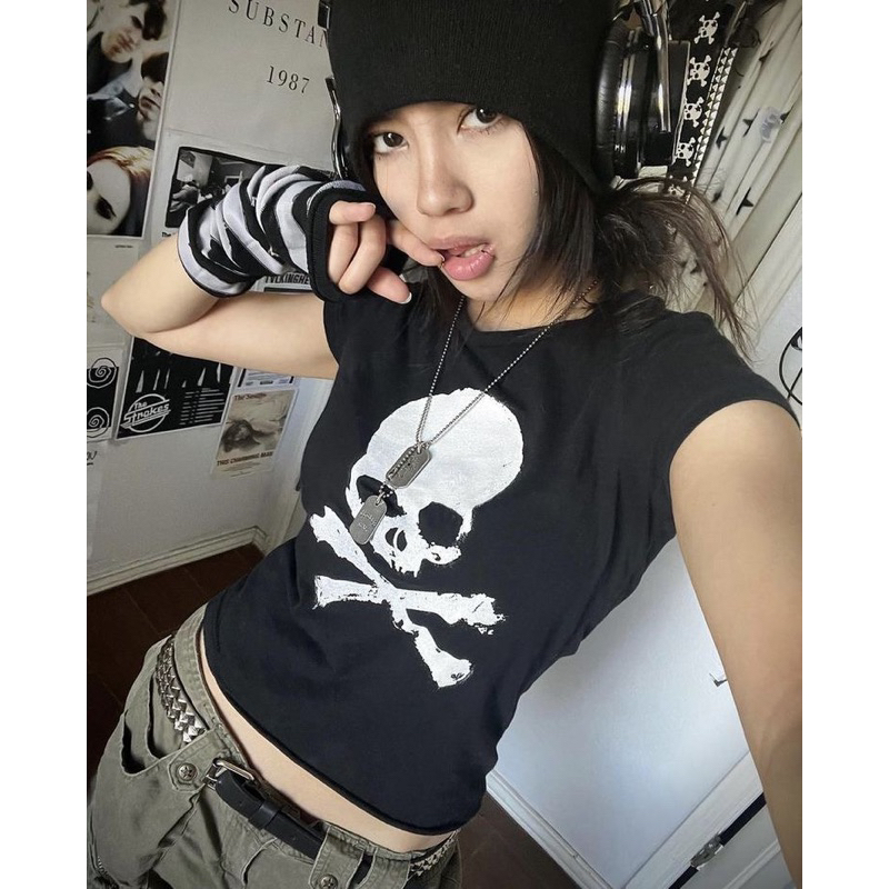 Jual skull crop top y2k baby tee harajuku acubi goth aesthetic outfit ...