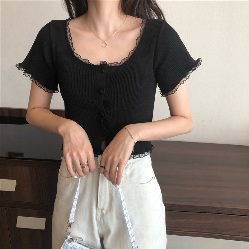 Jual crop top rajutan renda lengan pendek musim panas Rewy Top | Shopee ...