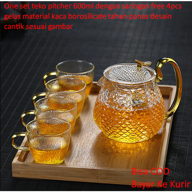 Jual One set teko pitcher 600ml dengan saringan free 4pcs gelas ...