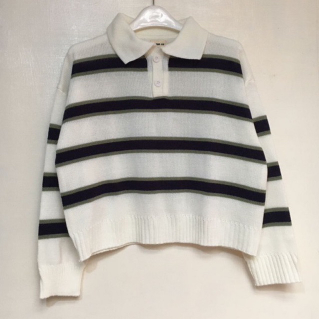 Jual Rajut Polo Kancing Striped BW Crop | Shopee Indonesia