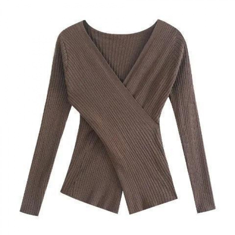 Jual Baju Sweater Wanita V-neck Gaya Korea Knit Wrap Top Polos Lengan Panjang Wanita Rajut Korea ...
