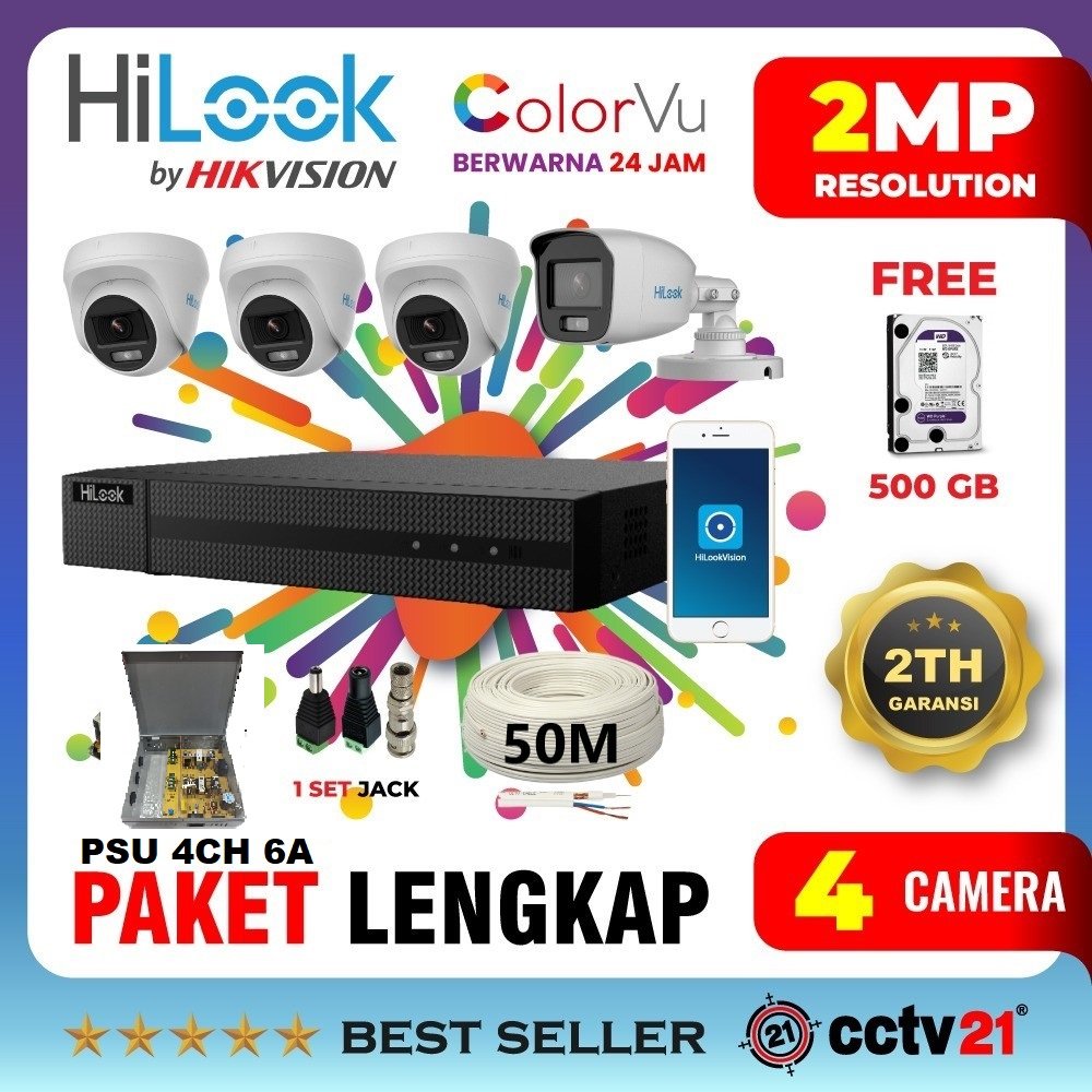 Jual Paket cctv 4 Camera ColorVu HILOOK 2MP by Hikvision Full Color 24Jam Harga Khusus Jual Lagi ...