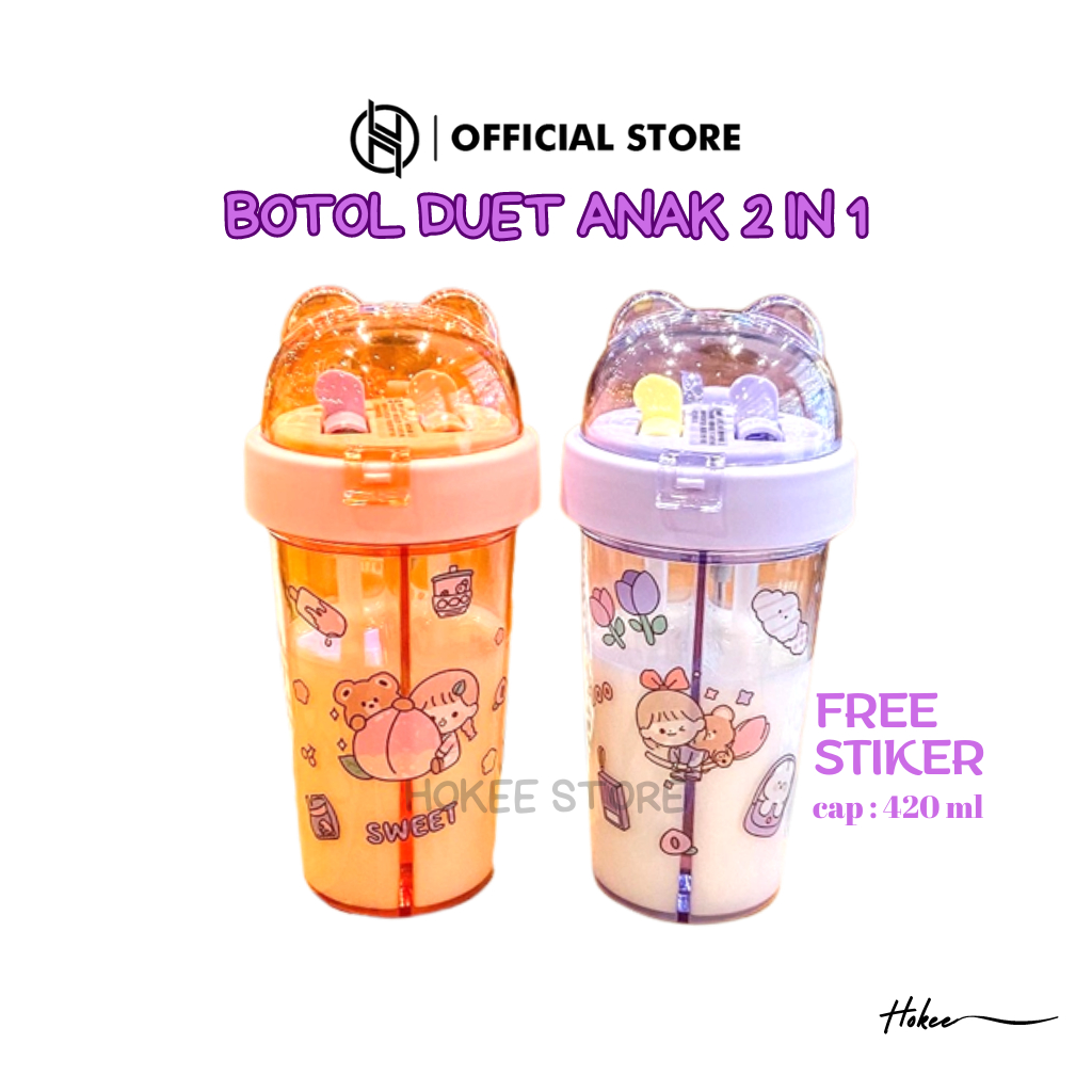 Jual Botol Minum Duet Anak 2 In 1 Free Sticker Dua Sisi 420 ML - Hokee ...