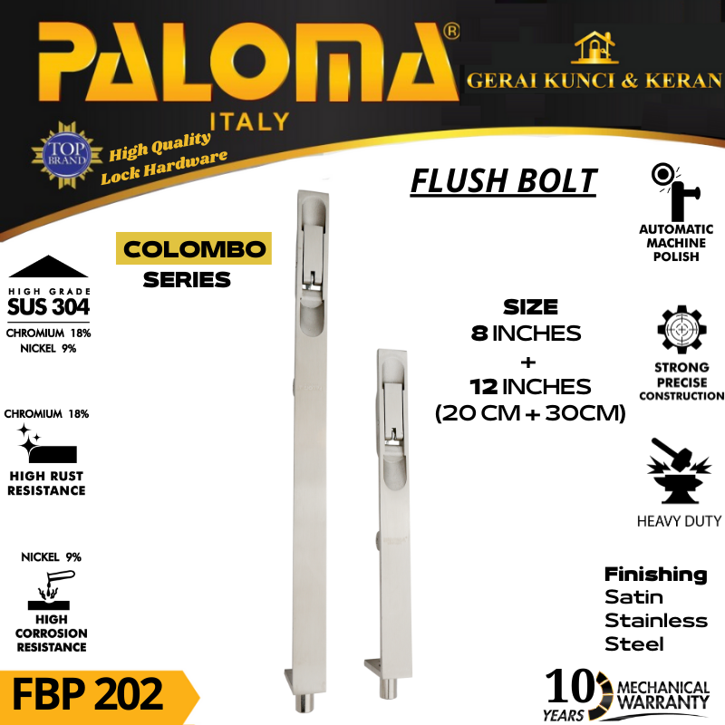 Jual PALOMA FBP 202 FLUSH BOLT GRENDEL TANAM 8 + 12 INCH ( 20 + 30 CM ) STAINLESS STEEL | Shopee ...