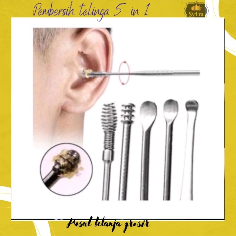 Jual Alat pembersih telinga set 5 in 1 bahan stainless ear wax .korek ...