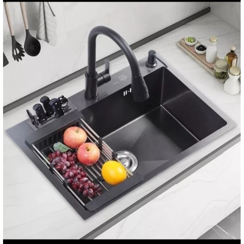 Jual KITCHEN SINK 7545 BLACK LENGKAP KRAN TARIK MODEL BOLZANO/KICHEN ...