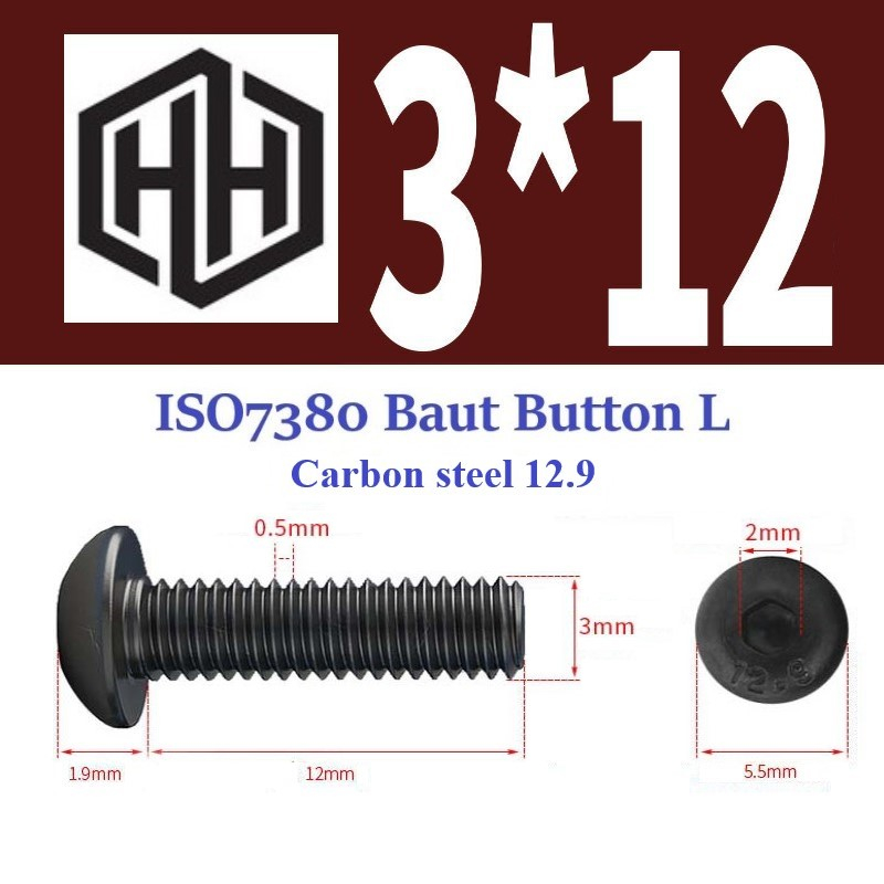 Jual Baut Button L M3 x 12 ISO7380 Hex Baja Hitam BB312BAJA | Shopee Indonesia