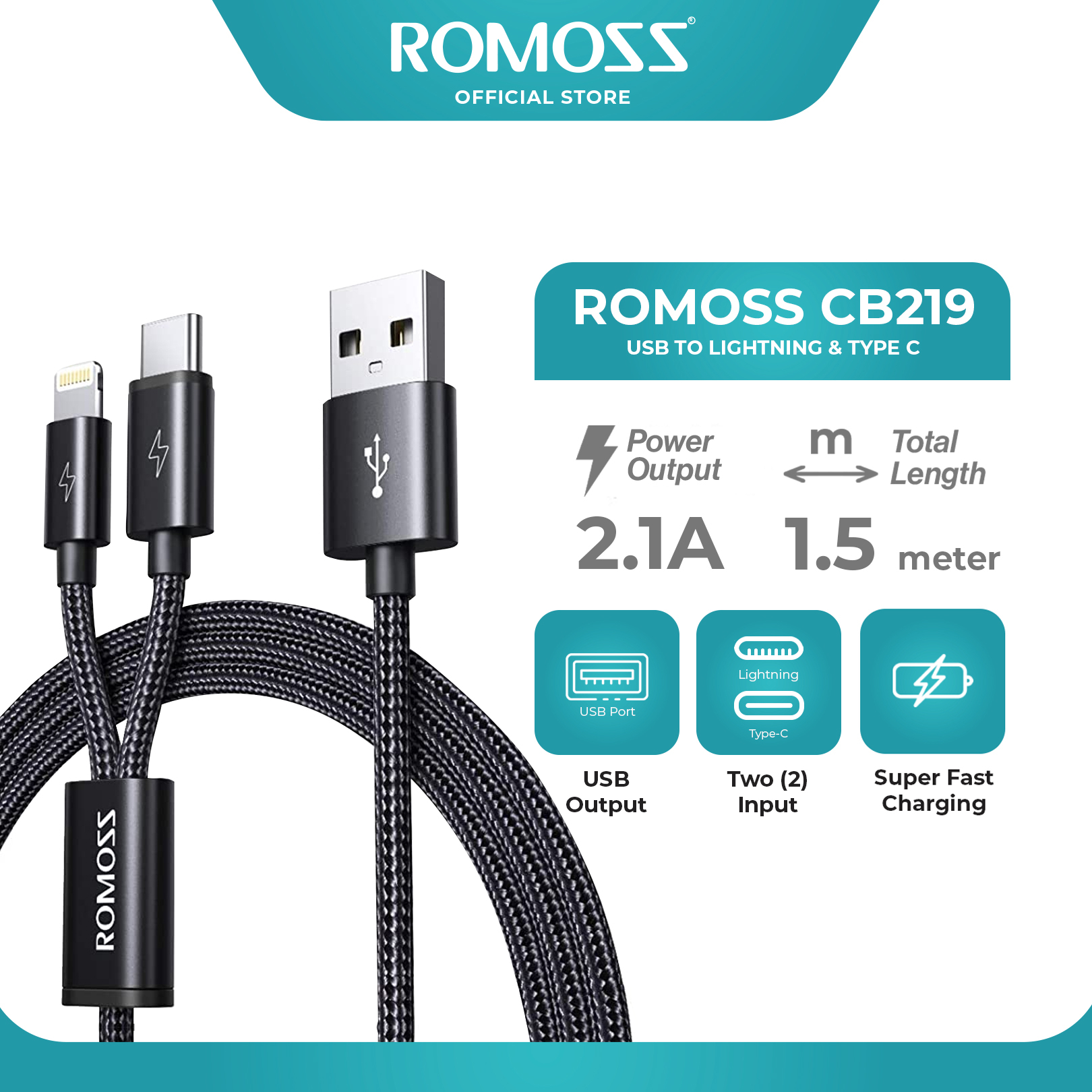 Jual Romoss CB219(1.5M) 2in1 Charing Cable Nylon-braided USB to ...