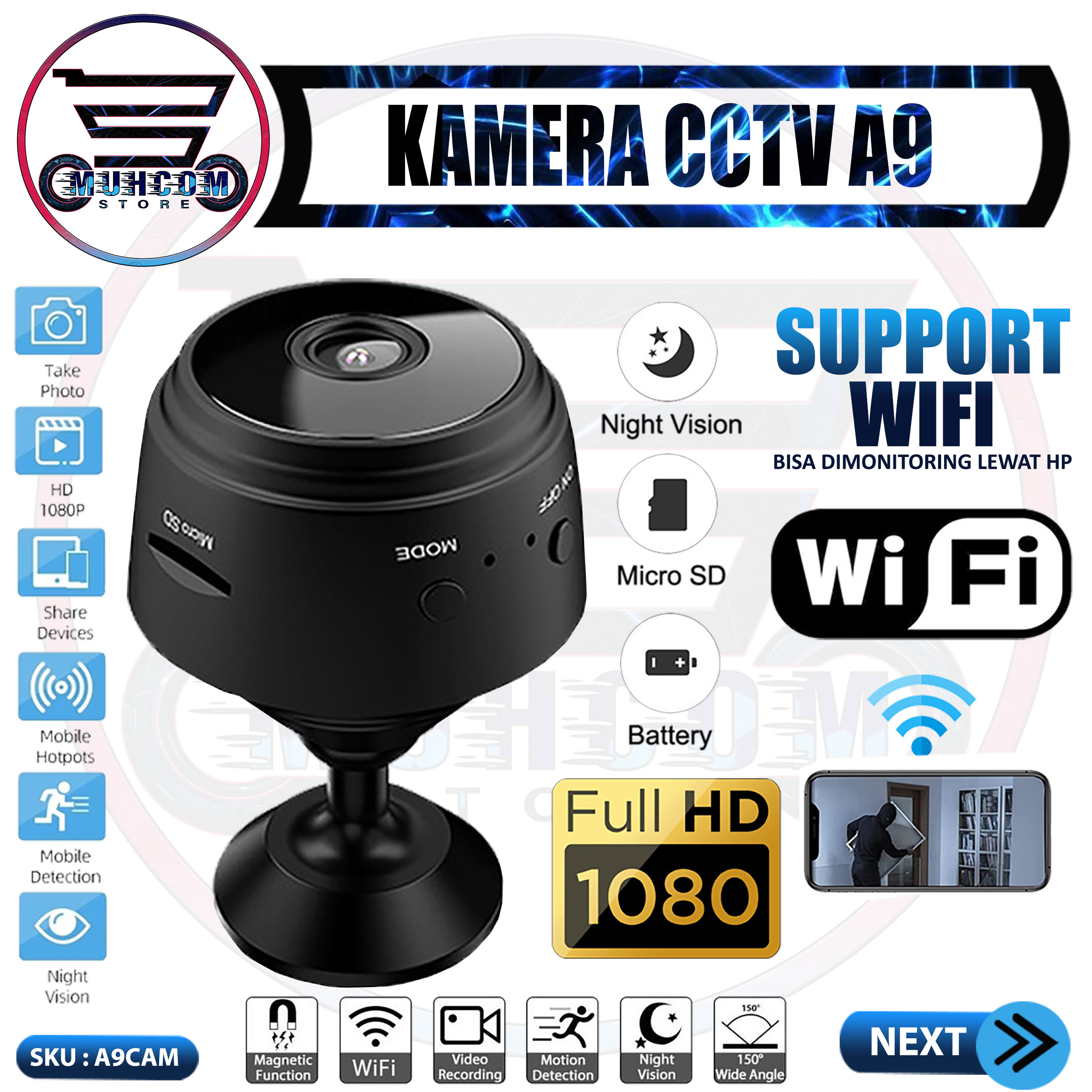 Jual A9 Spy Camera WiFi HD 1080P P2p Kamera CCTV Mini IP Cam Wireless ...