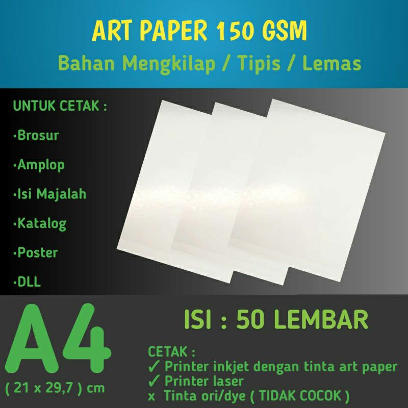 Jual Art Paper 150 GSM A4 isi 50 Lembar / Kertas Bahan Brosur / isi Majalah Glossy Mengkilap 150 ...