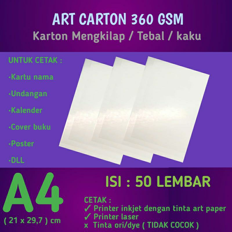 Jual Art Karton 360 GSM A4 isi 50 Lembar / Kertas Art Carton / Art ...