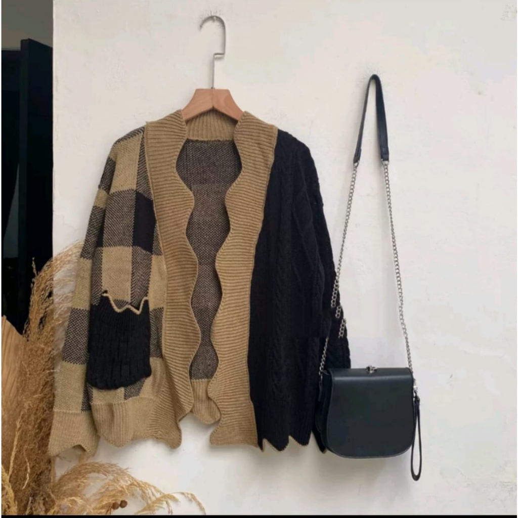Jual Cardigan Outer Rajut Wanita Cable Mix Square Kotak Kombinasi 2 Warna | Shopee Indonesia