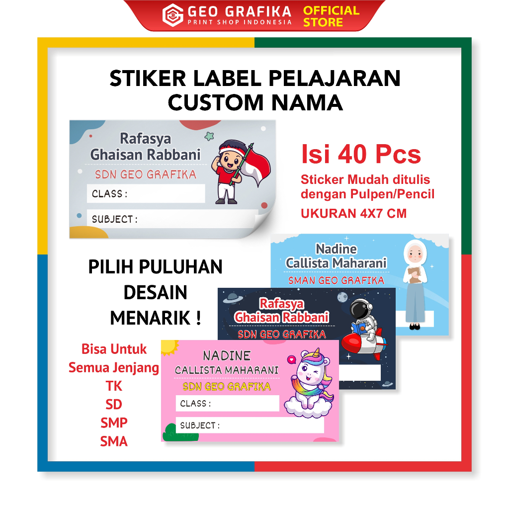 Jual Stiker Label Buku Pelajaran Custom Free Desain isi 40 pcs | Shopee ...
