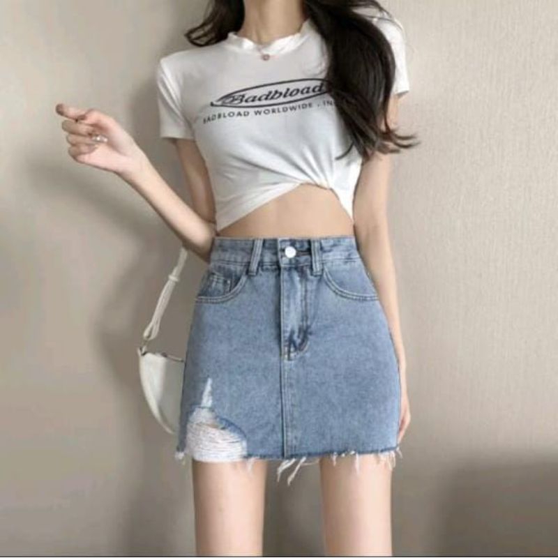 Jual Rok mini jeans pendek wanita line korean style ripped fashion ...