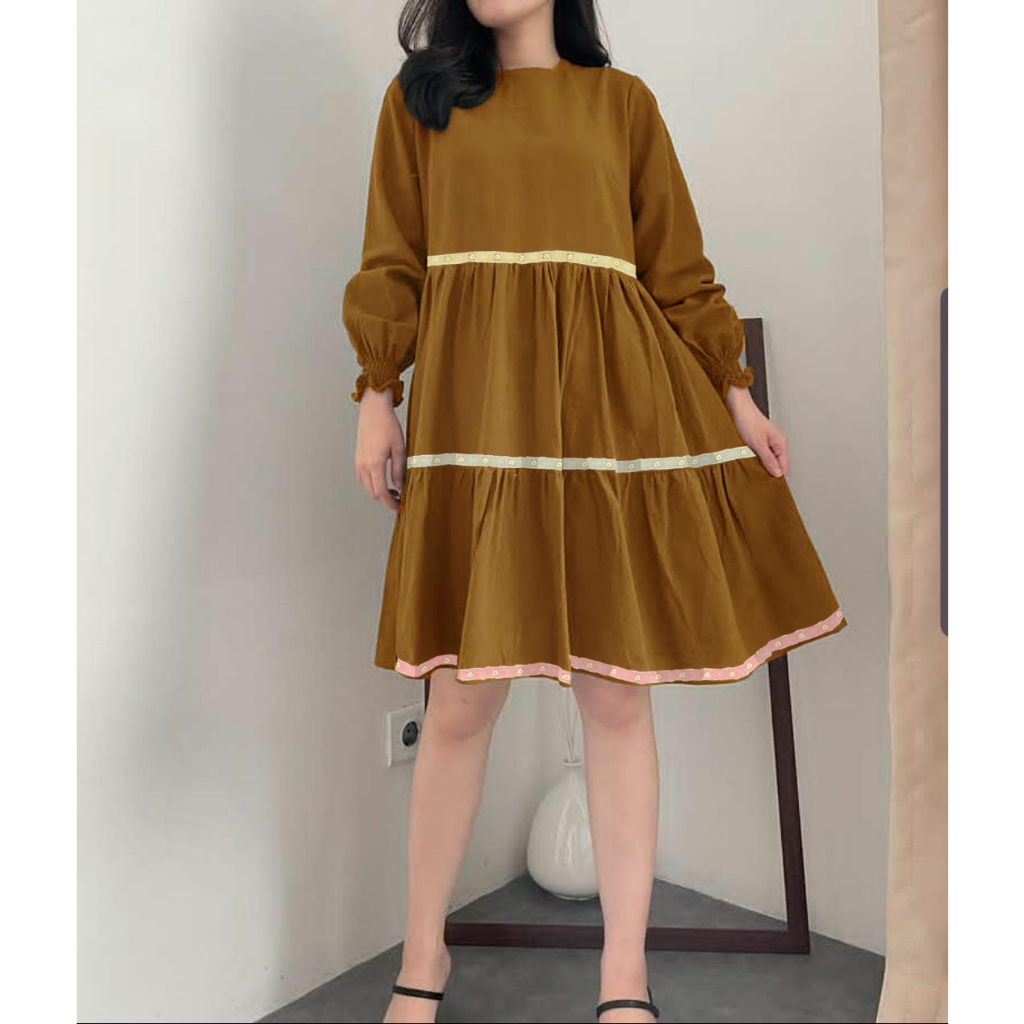 Jual Dress Korean Rempel List Pastel Noona | Shopee Indonesia