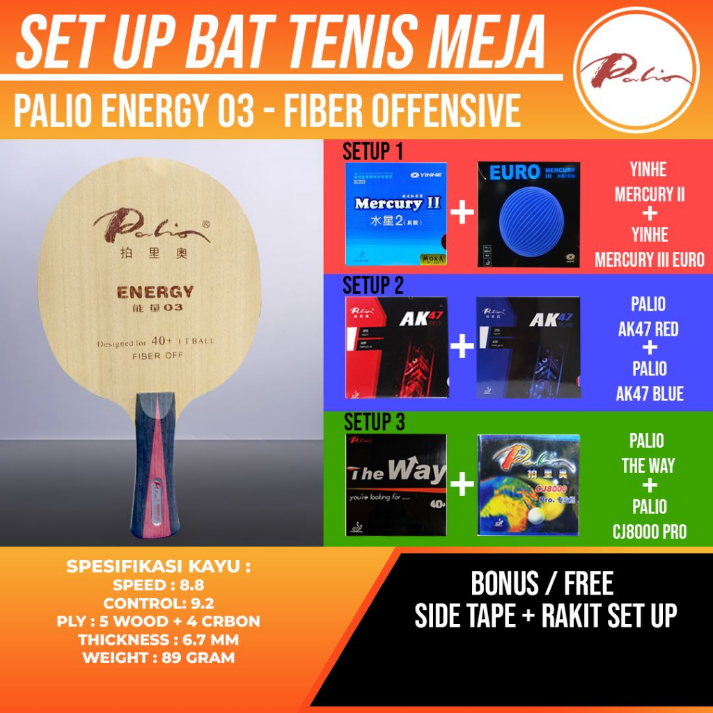 Jual Paket Bat Pingpong Rakitan Palio Energy 03 Fiber Offensive Yinhe Palio | Shopee Indonesia