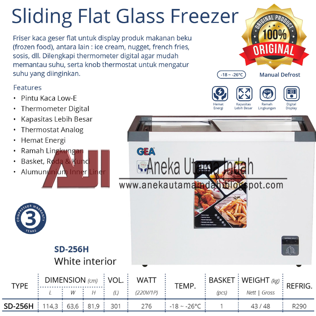 Jual Gea SD-256H SD-256 Sliding Flat Glass Freezer Kulkas Kaca Pembeku ...