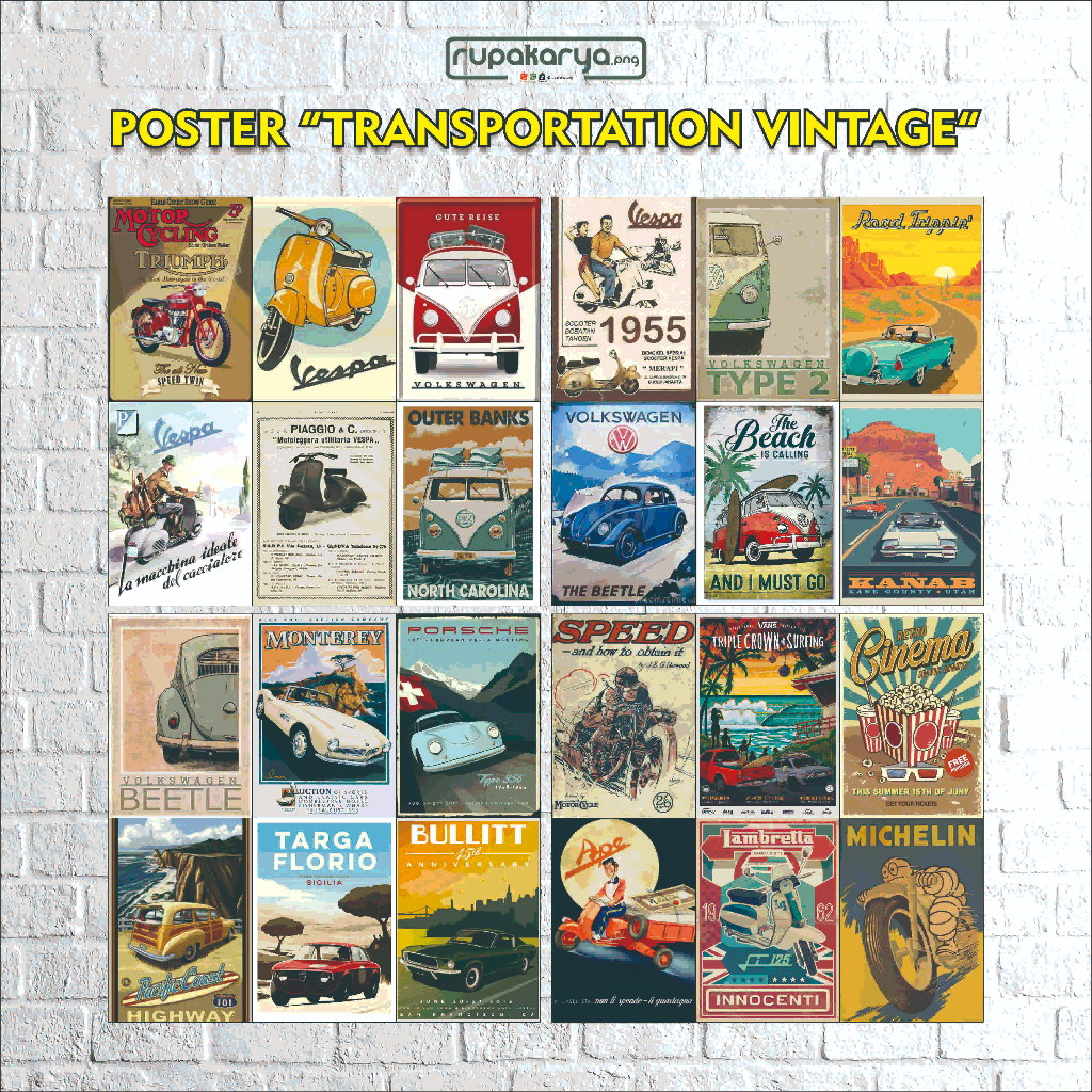 Jual POSTER TRANSPORTASI VINTAGE (16PCS) DEKORASI KAMAR AESTHETIC MURAH ...