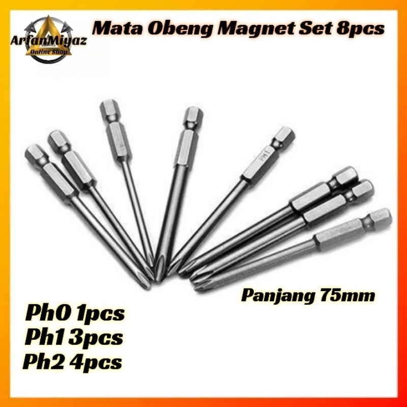 Jual Mata Obeng Plus Magnet Set 8pcs Ph0, Ph1, Ph2 Panjang 75mm 1/4 Hex ...