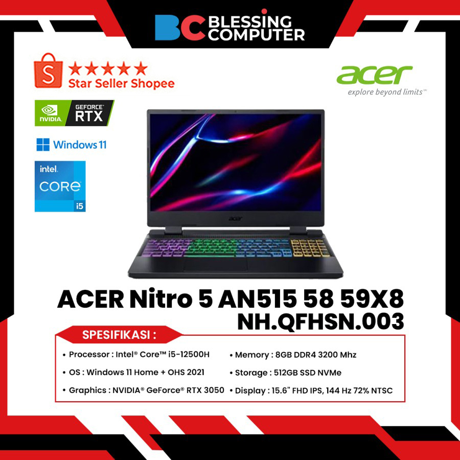 Jual ACER Nitro 5 AN515 58 59X8 Core i5 12500H 8GB 512GB RTX3050 W11 ...