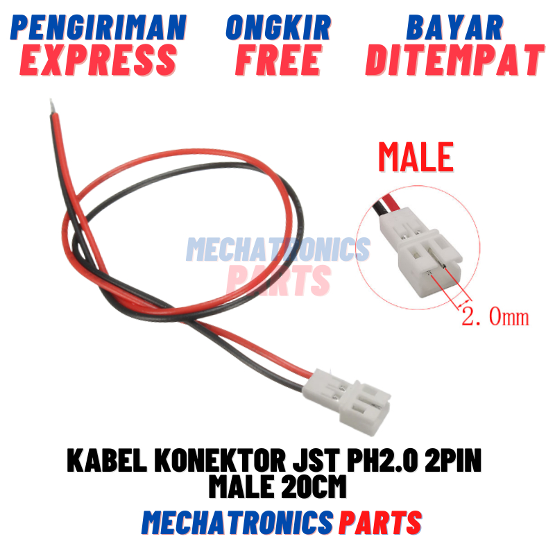 Jual Kabel Konektor JST PH2.0 2Pin Male 20cm 2P PH 2.0mm PH2 Connector Socket Baterai | Shopee ...