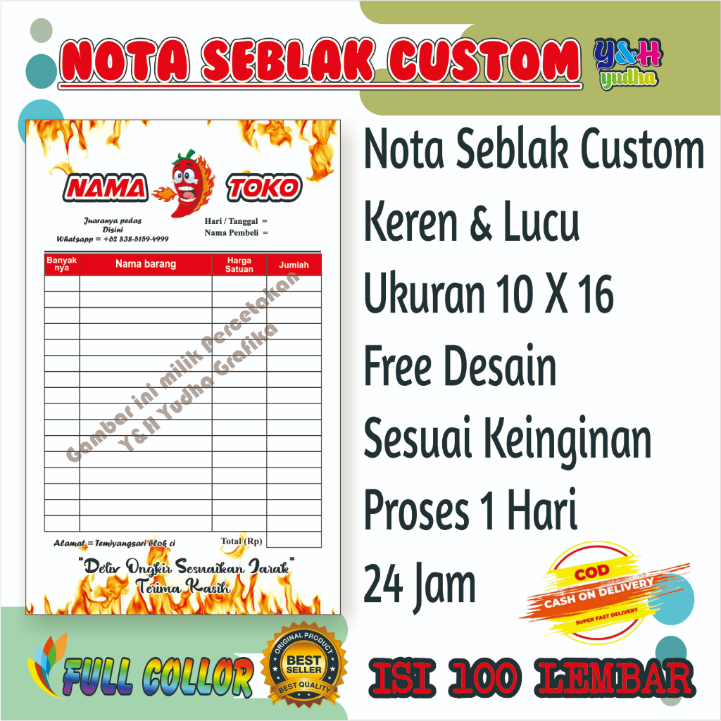 Jual nota custom seblak isi 100 nota 1/4 nota 10x16 custom free dsain Y ...
