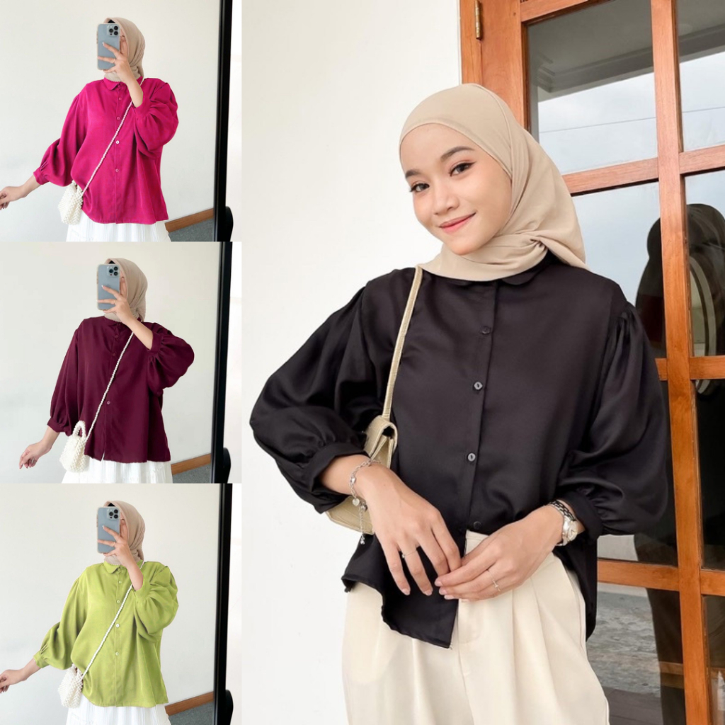Jual blouse lengan serut oversize linen crinkle airflow baju kemeja wanita kerja kantor lengan ...