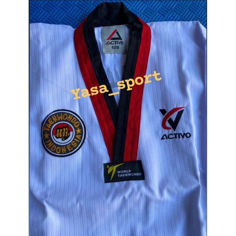Jual Dobok Sendy Activo Poom pemula // Baju Taekwondo Sendy Activo kerah merah hitam // Dobok ...