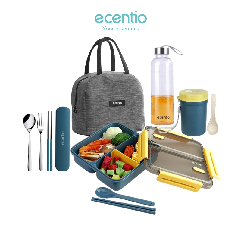 Jual ecentio lunch box botol set 3 grid 1100ml anti bocor kotak makan ...