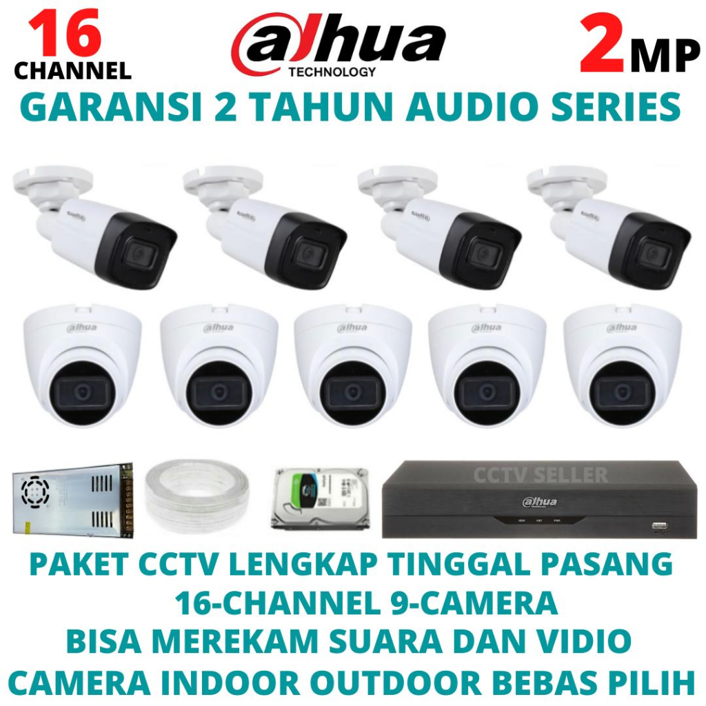 Jual PAKET CCTV DAHUA AUDIO 16 CHANNEL 9 CAMERA 2MP HD CVI 1080P ...