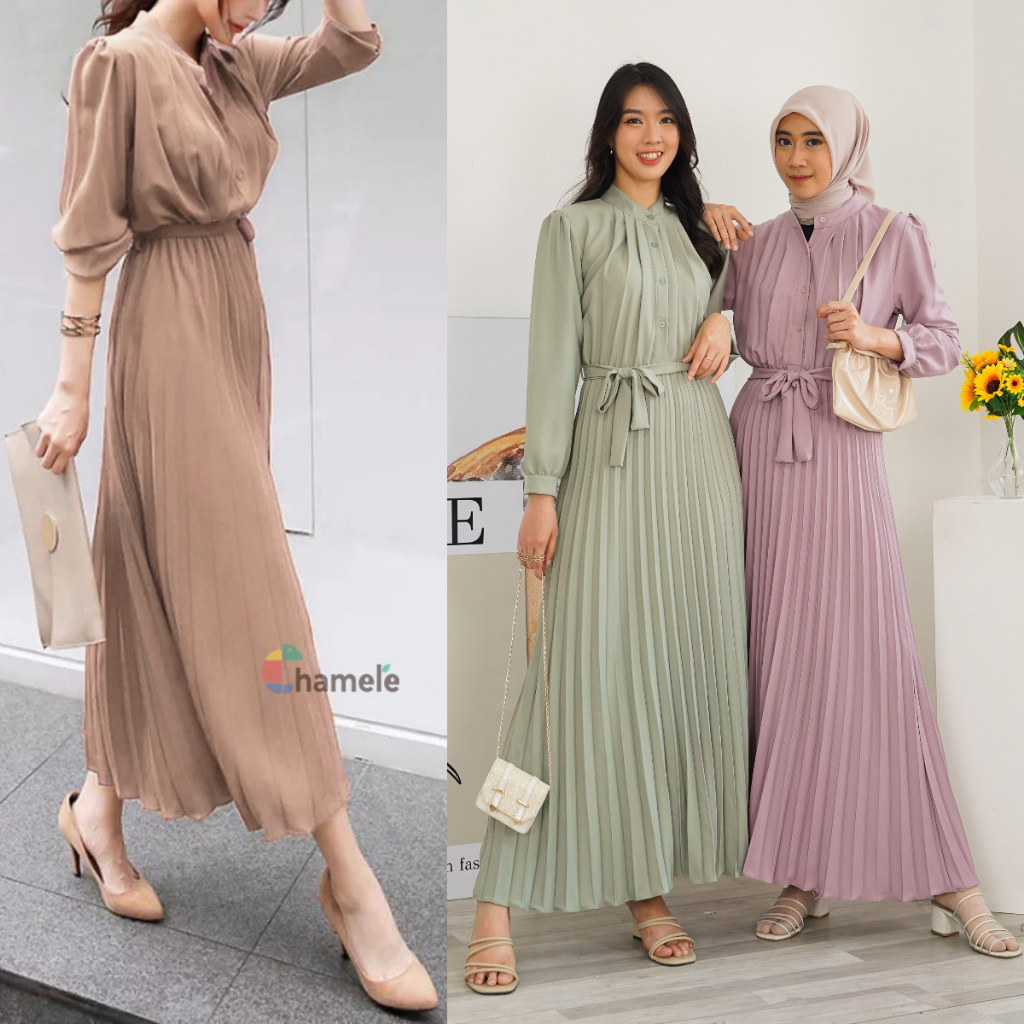Jual Vischa Long pleats gamis Andin plisket Wanita PREMIUM Bisa bumil ...