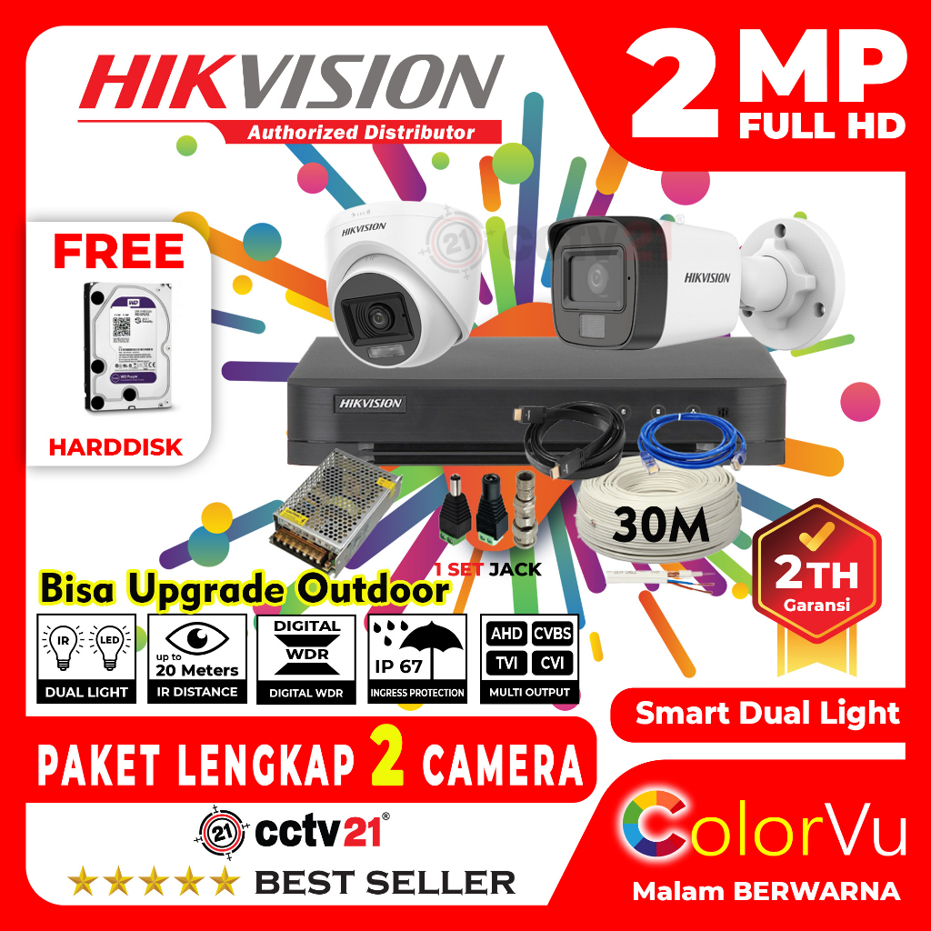 Jual Paket CCTV HIKVISION COLORVU 2MP 2 Channel Kamera 2CH Smart Dual ...