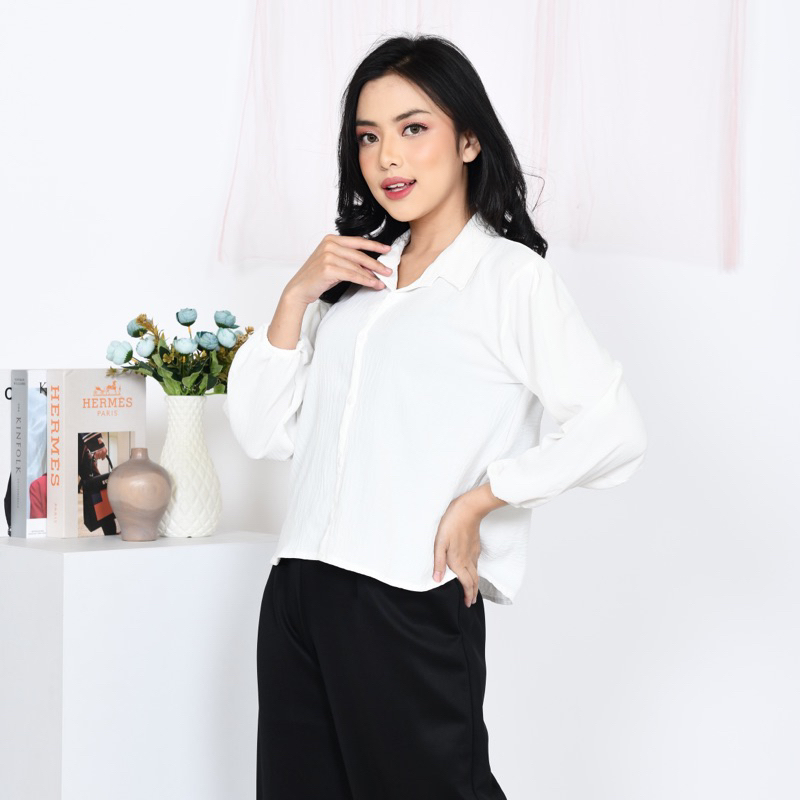 Jual BLOUSE CEWEK CROP LENGAN BALON POLOS / KEMEJA CROP PREMIUM ...