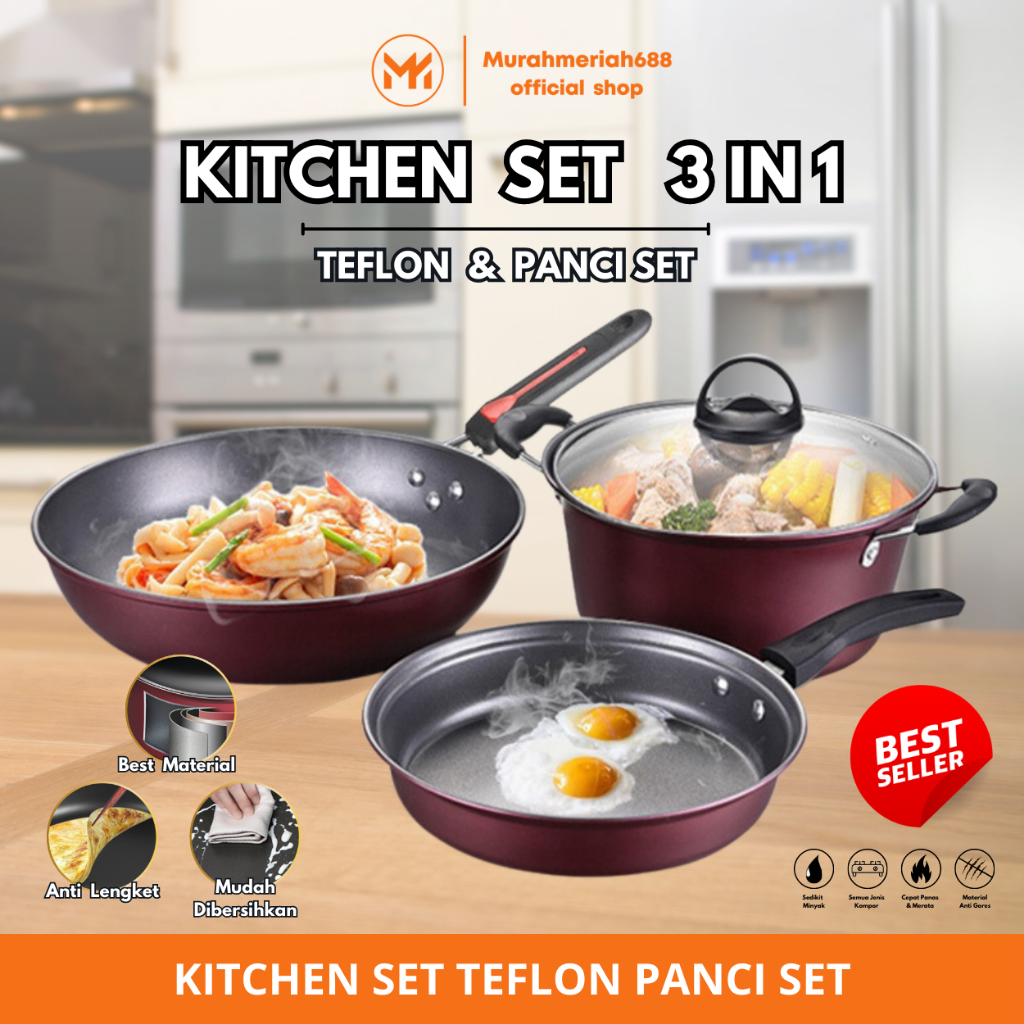 Jual MM - A014 - Kitchen Set Teflon Panci set Aurora 3 PCS Wajan Penggorengan Wok Pan Kado Nikah ...