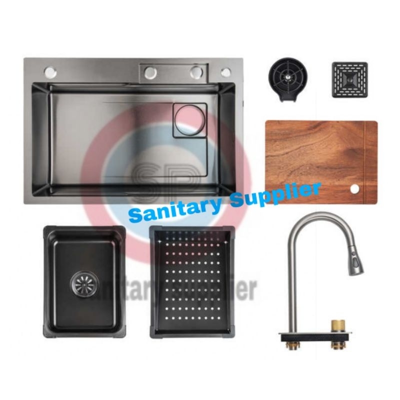 Jual KITCHEN SINK 7545 BLACK LUXURY LENGKAP KRAN TARIK DAN WATER FALL ...