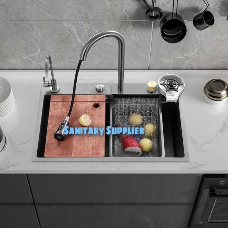 Jual KITCHEN SINK 7545 STAINLESS LENGKAP KRAN TARIK DAN WATER FALL ...