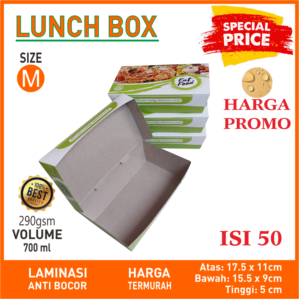 Jual Lunch Box Size M Cetak Hijau 50 Kotak Makan Kertas Brown Paper Box ...