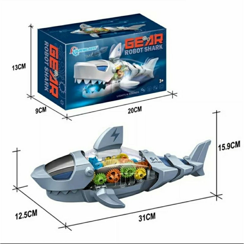 Jual Maianan Robot Ikan hiu Shark Gear Transparan Bump n go Musik dan ...