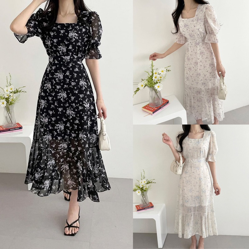 Jual D1286 ONGSEE KOREAN STYLE FLORAL VINTAGE MIDI DRESS PANTAI BUNGA ...