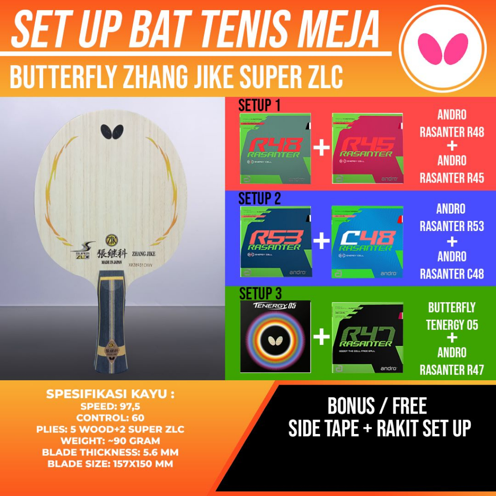 Jual Paket Bat Pingpong Rakitan Butterfly Zhang Jike Super ZLC Carbon ...