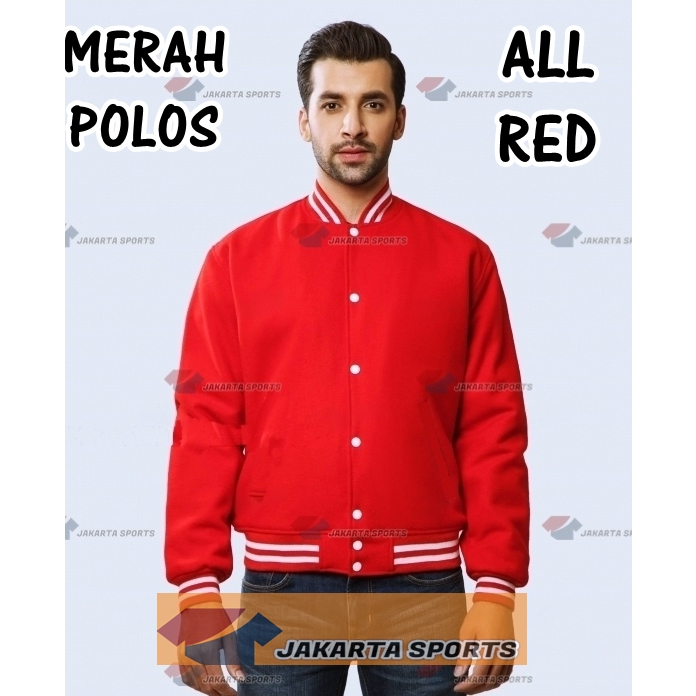 Jual JAKET VARSITY MERAH POLOS BASEBALL PRIA WANITA MURAH BOMBER JACKET ...